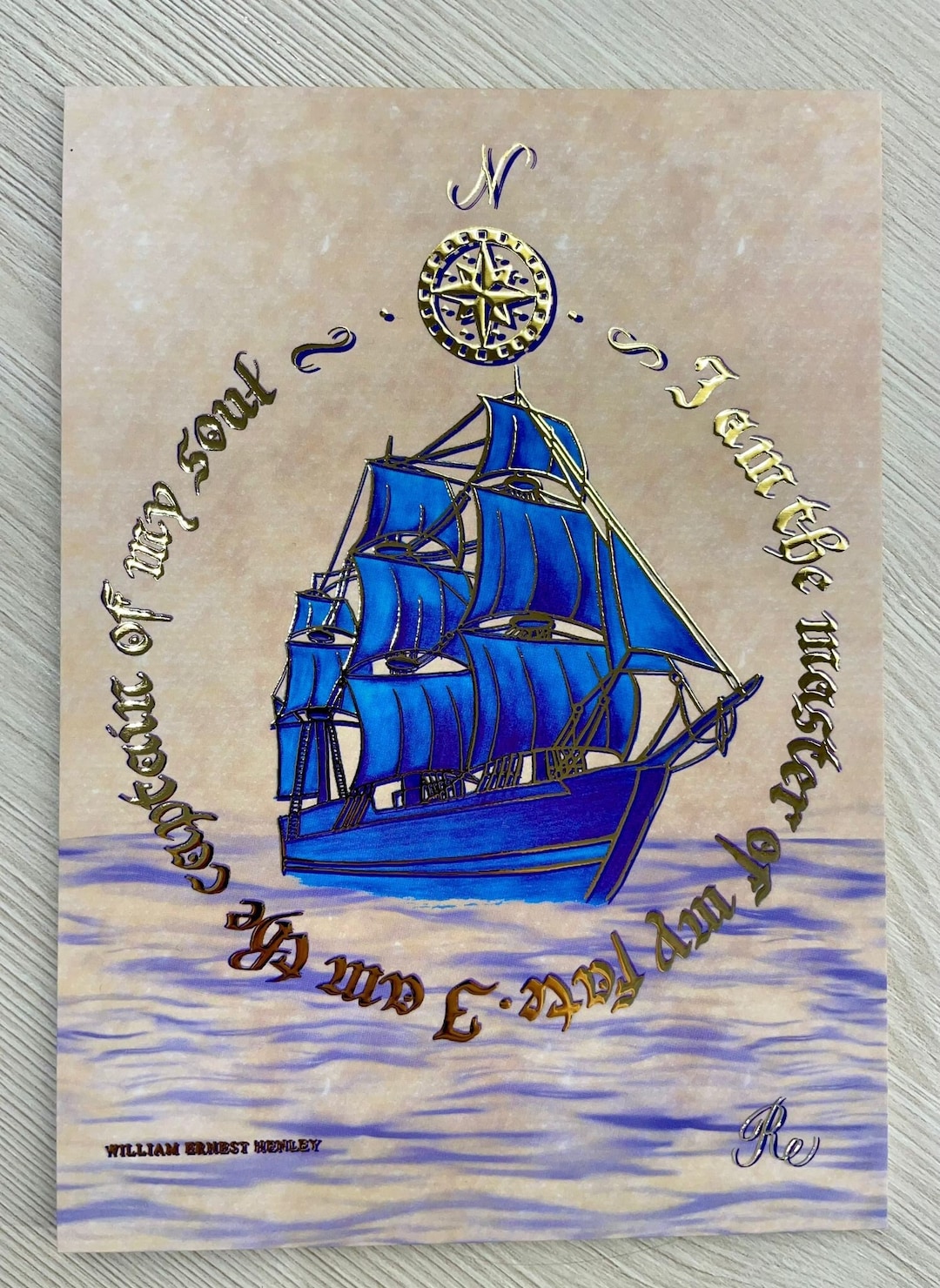 Invictus Poem Postcard: Illuminated Calligraphy, Blue Ship, Gold ...