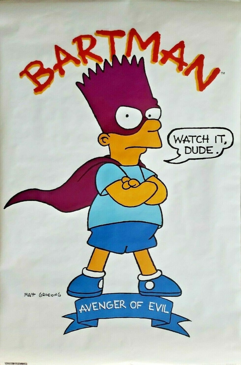Vintage 1990 Original Simpsons Bart "bartman" Avenger of Evil Poster 21 ...