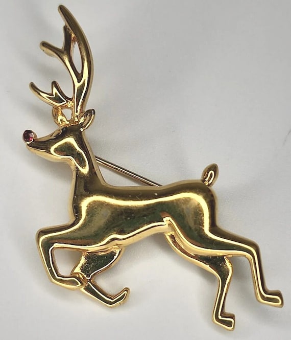 Vintage monet rudolph red nosed reindeer brooch pin g… - Gem