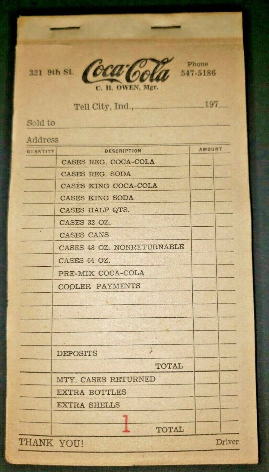 Vintage Coca Cola Salesman Tell City Ind Coke 1970 Receipt Book New Old ...