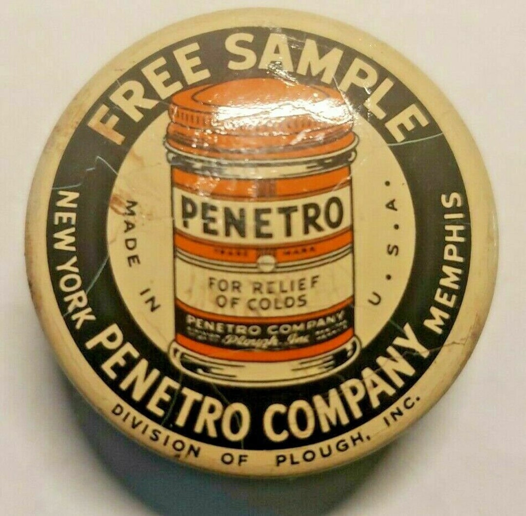 Muestra gratuita vintage de ungüento publicitario de penetro, lata ...