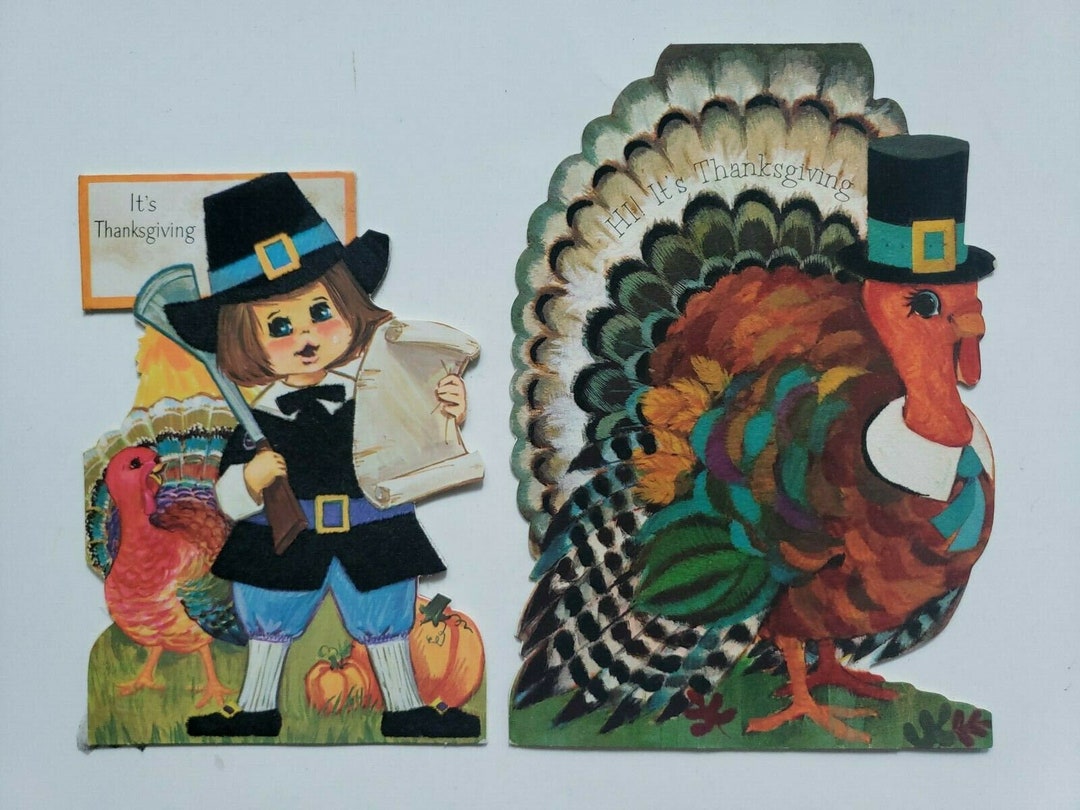 Vintage Thanksgiving Card Rust Craft Ambassador Flocked Pilgrim Turkey ...