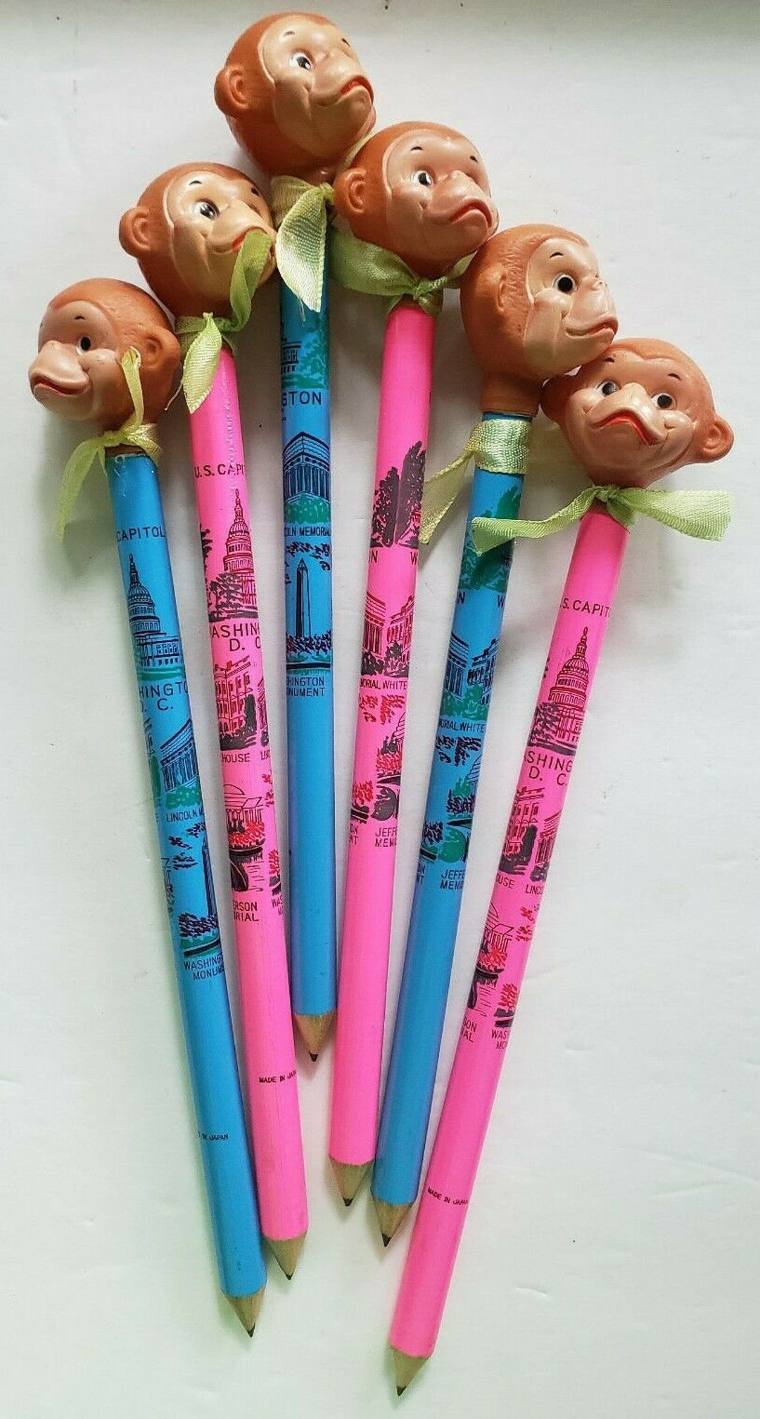 Set of 6 of Vintage 1960's Large Monkey Pencilswashington DC 3pink ...