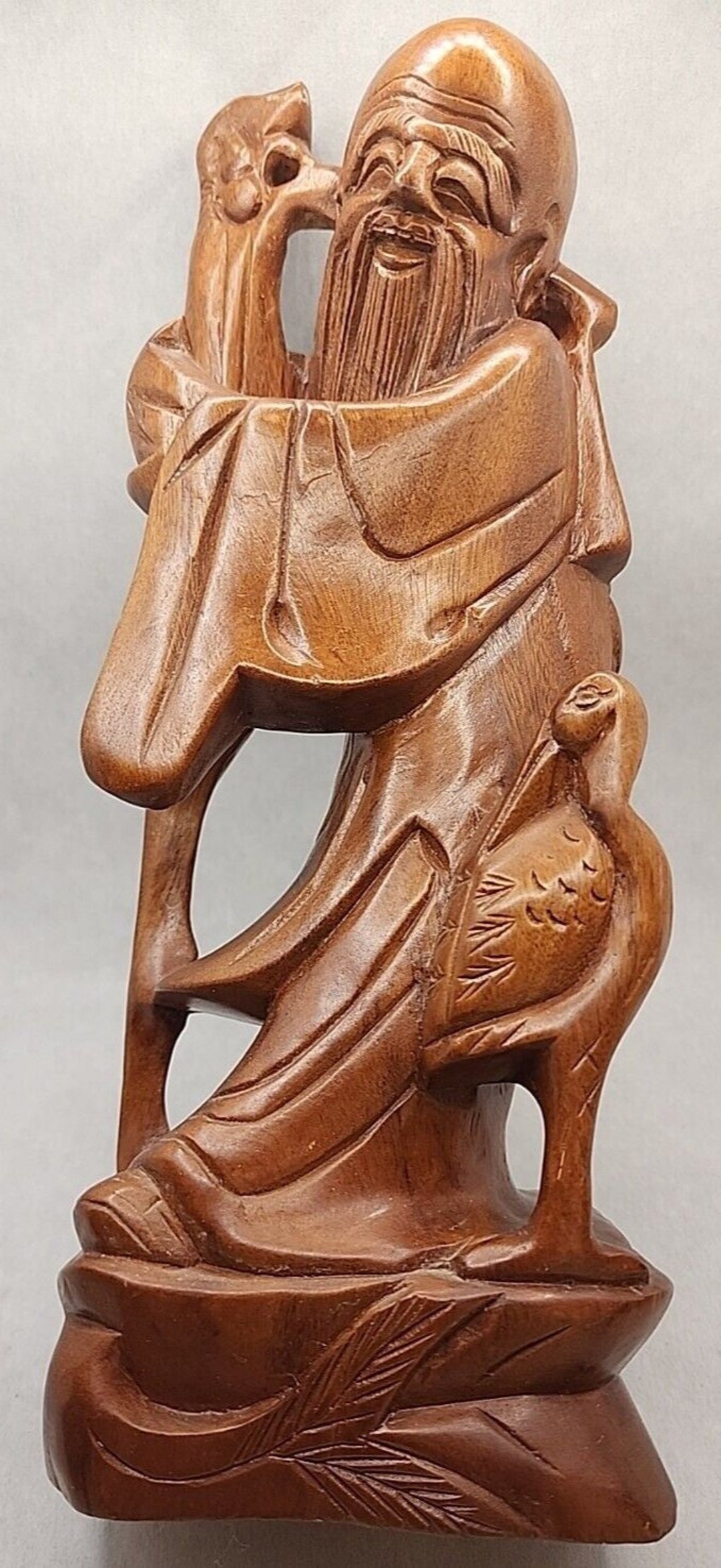 Vintage Asian Carved Wood Statue Man Crane Bird 12" Republic of China ...