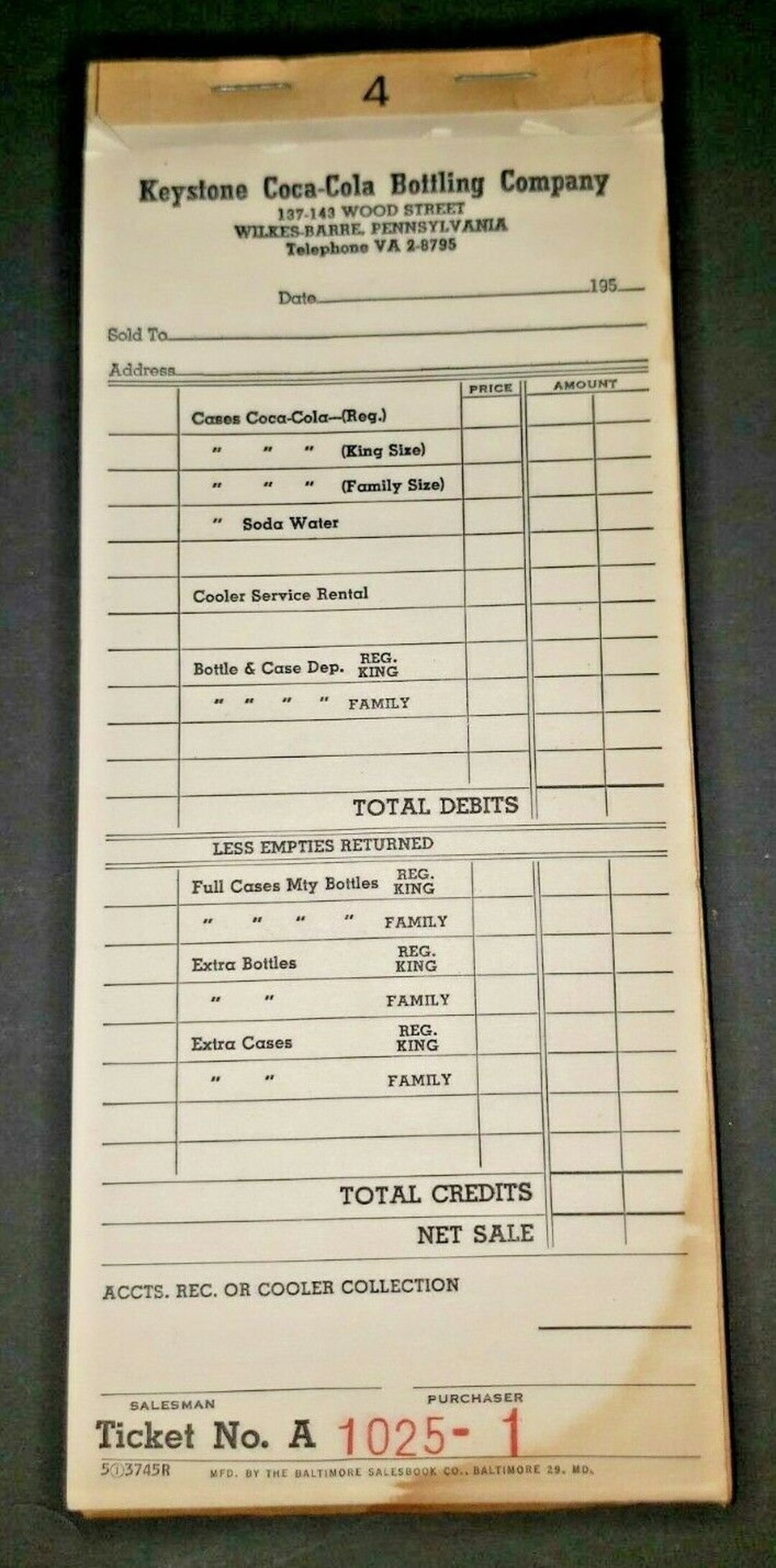 VTG Tall 1940 Keystone Coca Cola Salesman Wilkes Barre Pa Coke Receipt ...