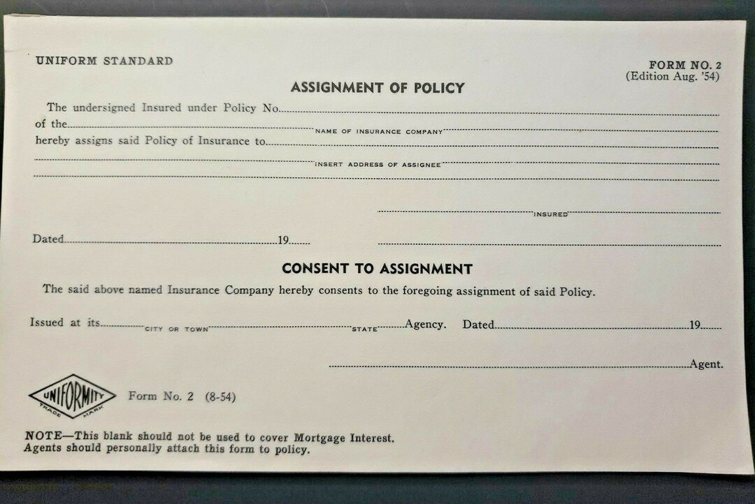 Vintage 1954 Insurance Assignment of Policy Blank Form No 2 New Old ...