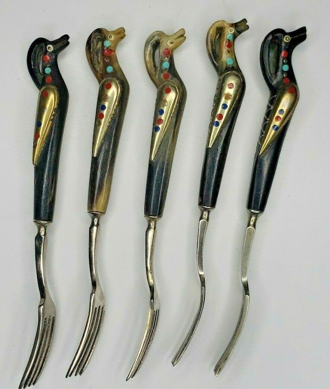 Vintage 5 Dragon Bird Handledmini Forks Carved & Inlaid Horn Brass ...