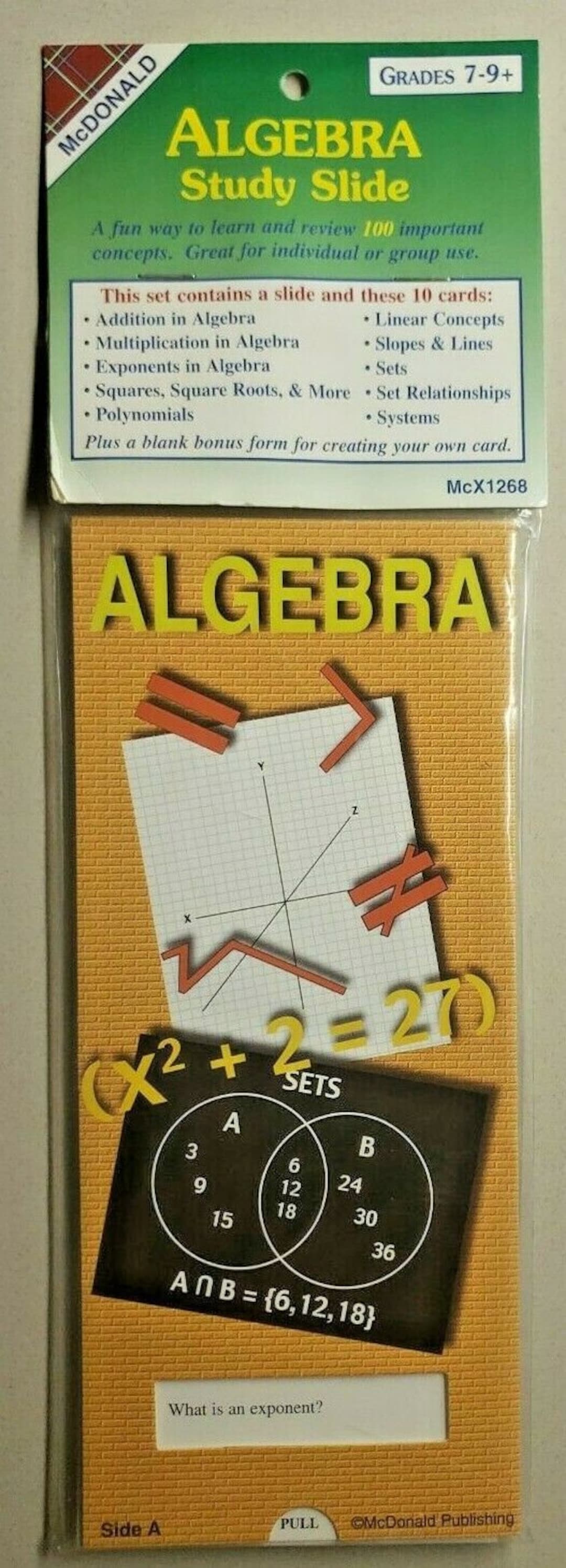 Mcdonald Algebra Study Slide 100 Concepts W/ 10 Cards Kids Grades 7-9 S ...