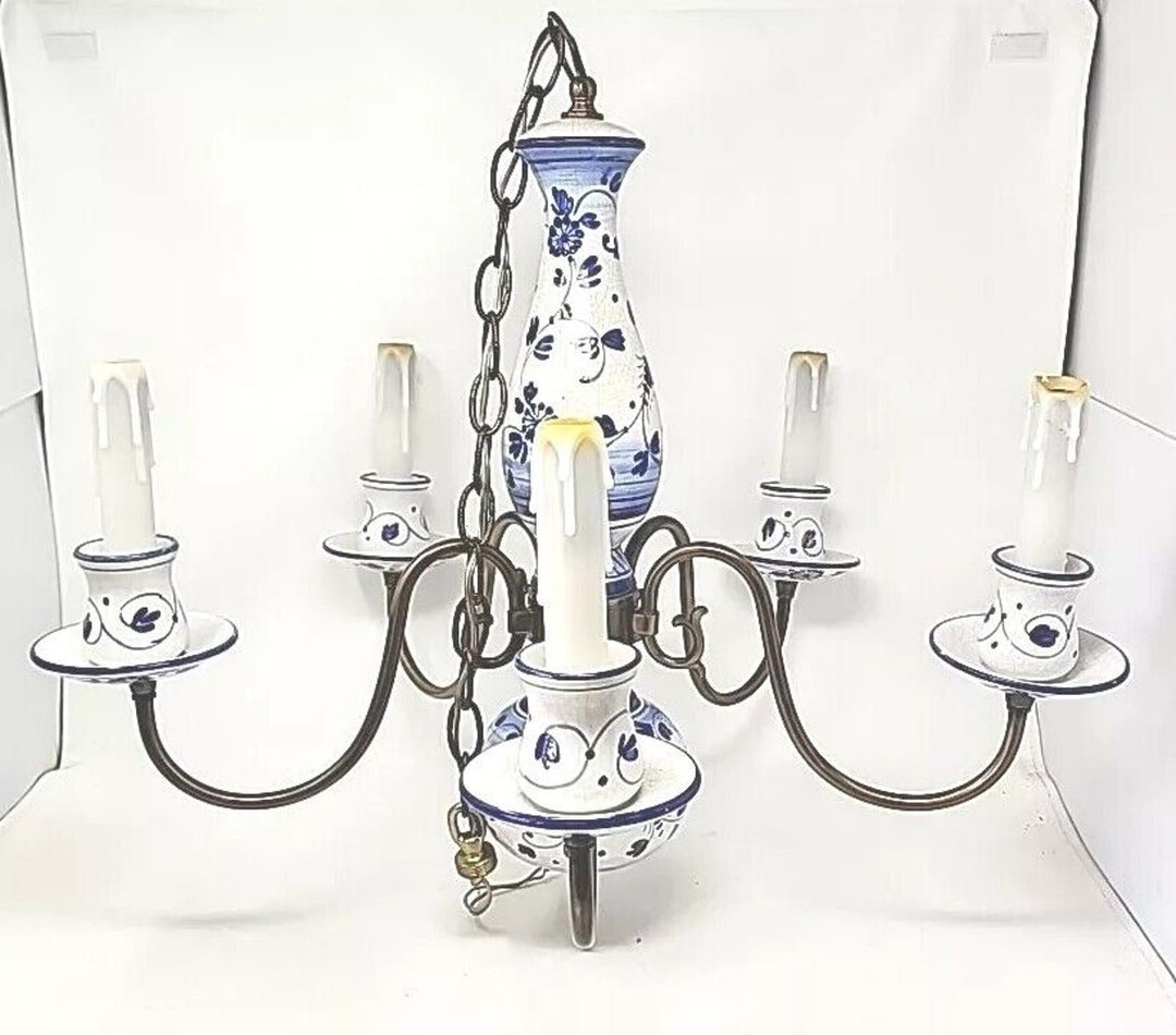 Vtg Delft White Blue Ceiling Light Fixture Chandelier 5 Arm Porcelain ...