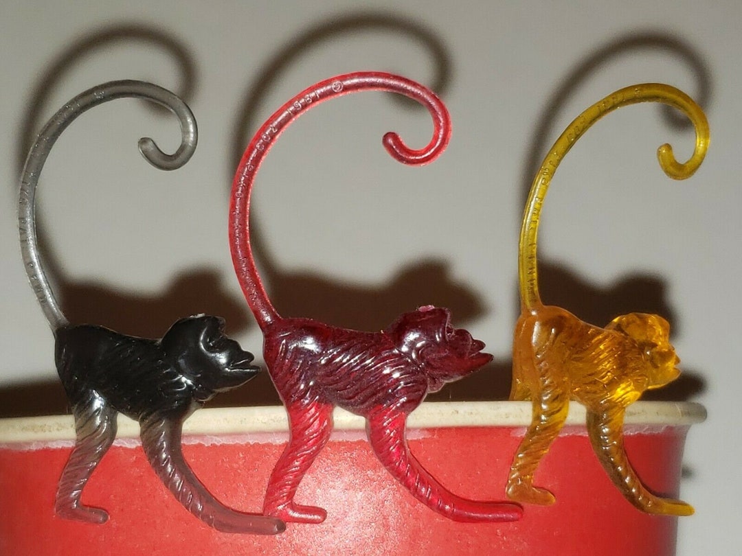1961 Zoo Piks Gray Red Orange 3 Monkey Cocktail Drink Hangers/markers ...