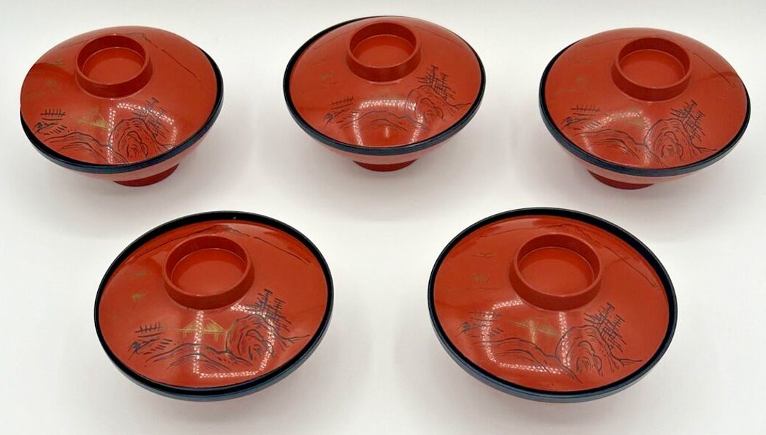 Set of 5 Vintage Japanese Rice Bowls Orange Hand-painted Design SKU ...