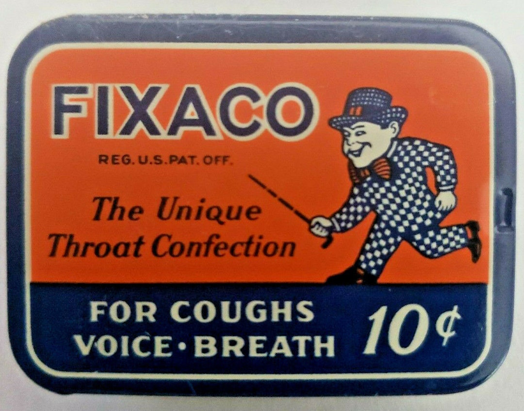 Vintage 1939 Fixaco Medicine Tin Cough Voice Breath Confection New Old ... Vintage 1939 Fixaco Medicine Tin Cough Voice Breath Confection New Old ...