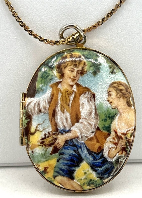 Vintage Limoges Style Courting Couple Locket Necklace… - Gem