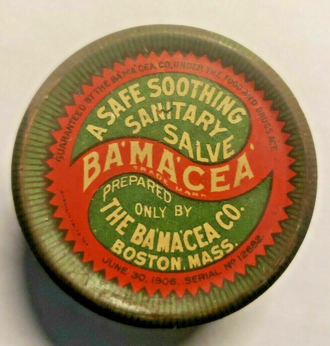 Vintage 1896 Ba'ma'cea Sanitary Salve Medical Advertising Tin Boston Ma ...