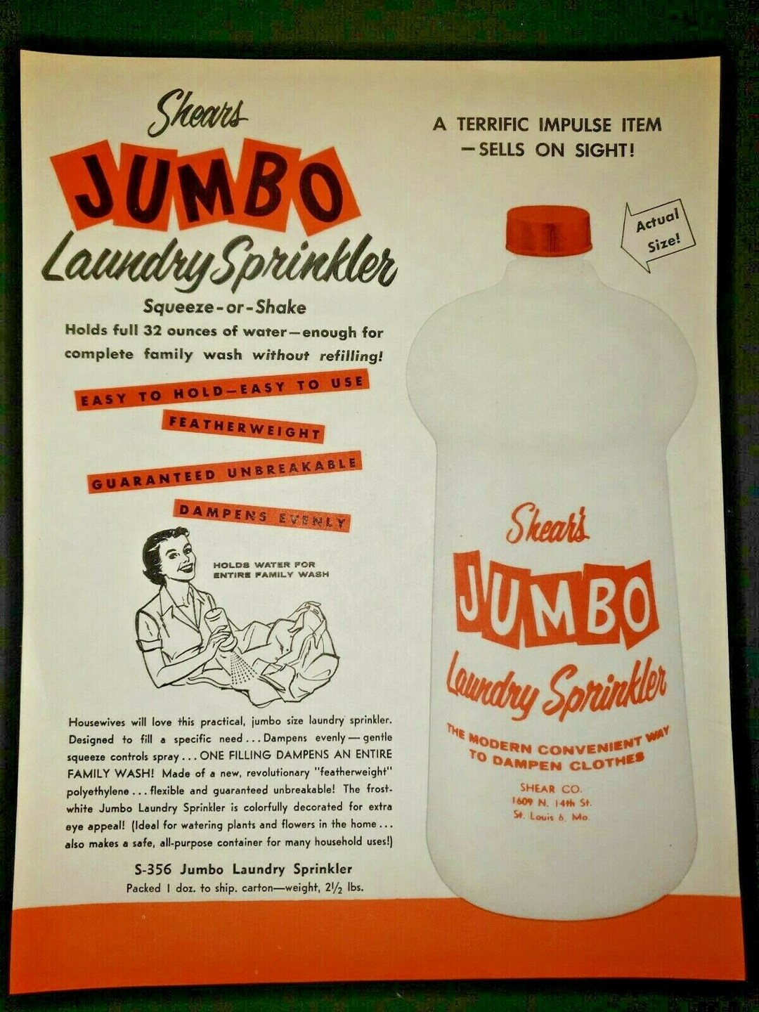 Vintage Jumbo Laundry Sprinkler Sales Ad Photo Shear Co St Louis Mo New ...