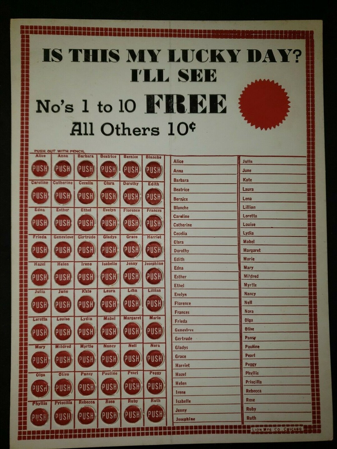 Vintage 10 Cent Lucky Day Punch Board Gambling Display Card Old Store ...