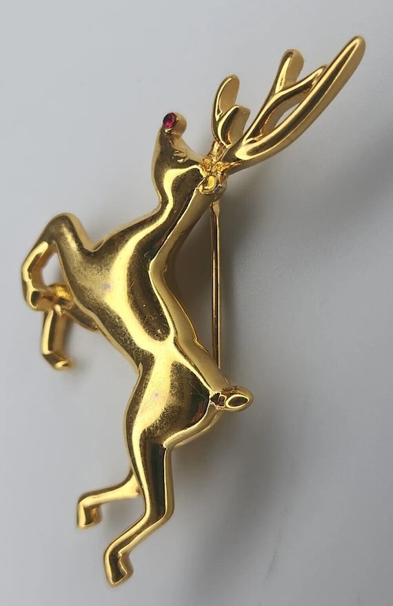 Vintage monet rudolph red nosed reindeer brooch pin g… - Gem