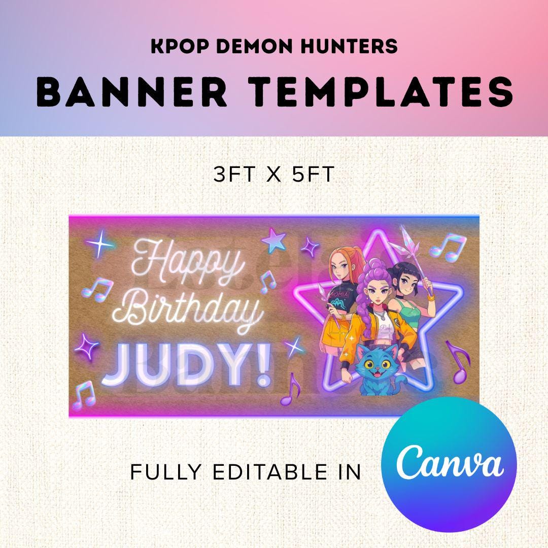 K-pop Demon Hunters Golden Birthday Banner Template | Huntrix Neon ...