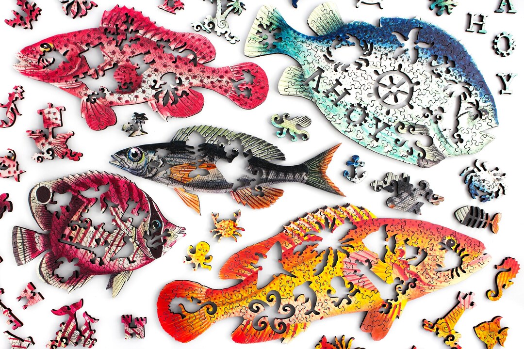 Fish Wooden Jigsaw Puzzle Shaped Like 5 Fishes for Kids Teens and ...