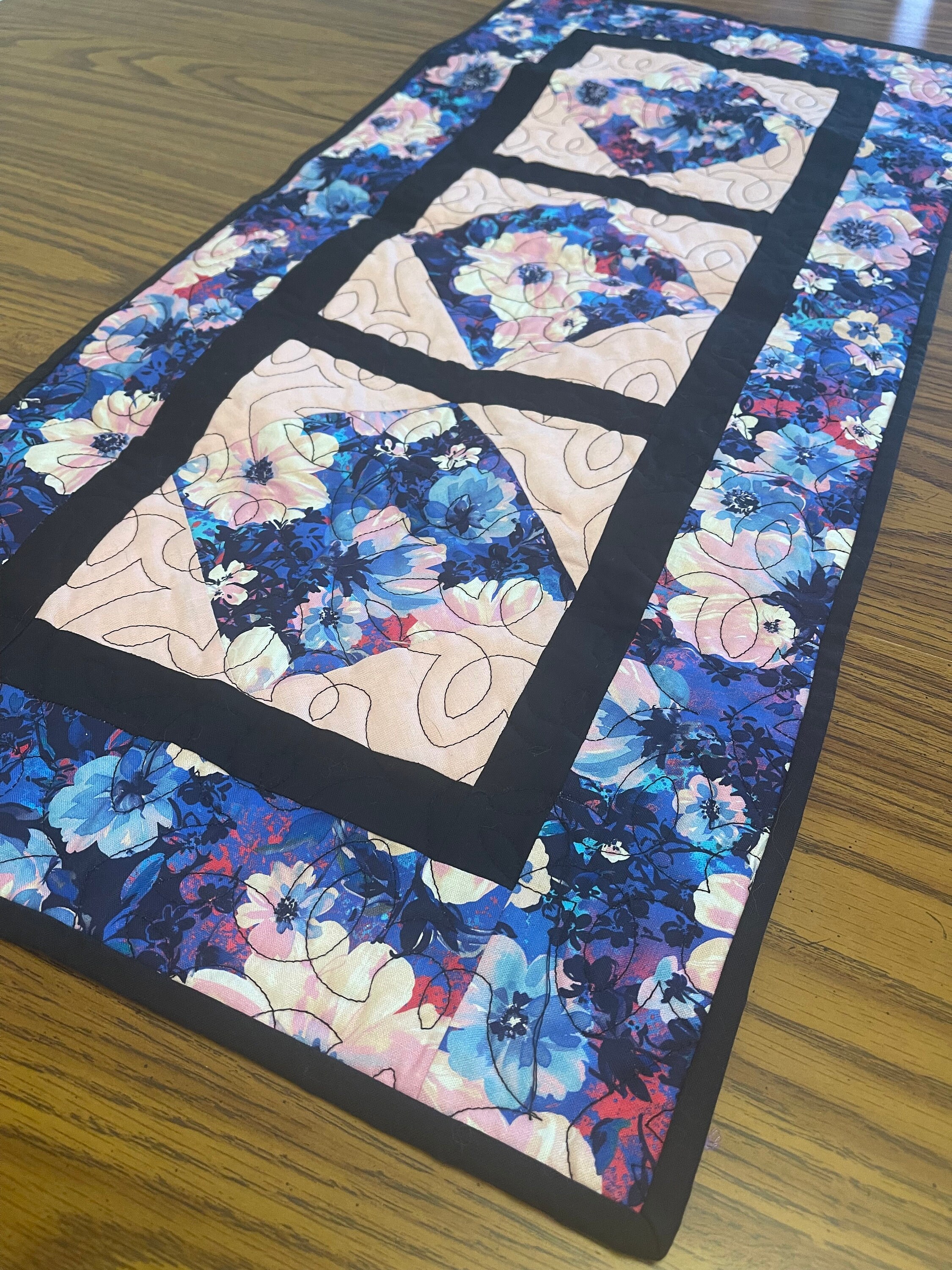 Blue and Pink Floral Quilted Table Runner Summer Quilted - Etsy