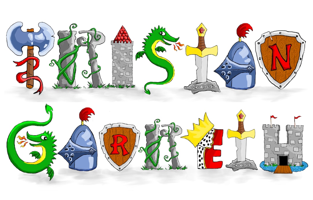 Name Letter Art in CUSTOM Medieval/dragon/castle/knight/fairy Tale ...