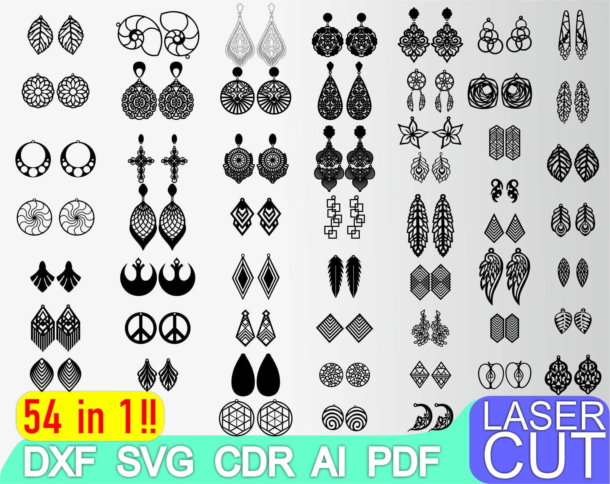 55 Earrings Ear Rings Svg Laser Cut Files SVG DXF CDR Vector - Etsy