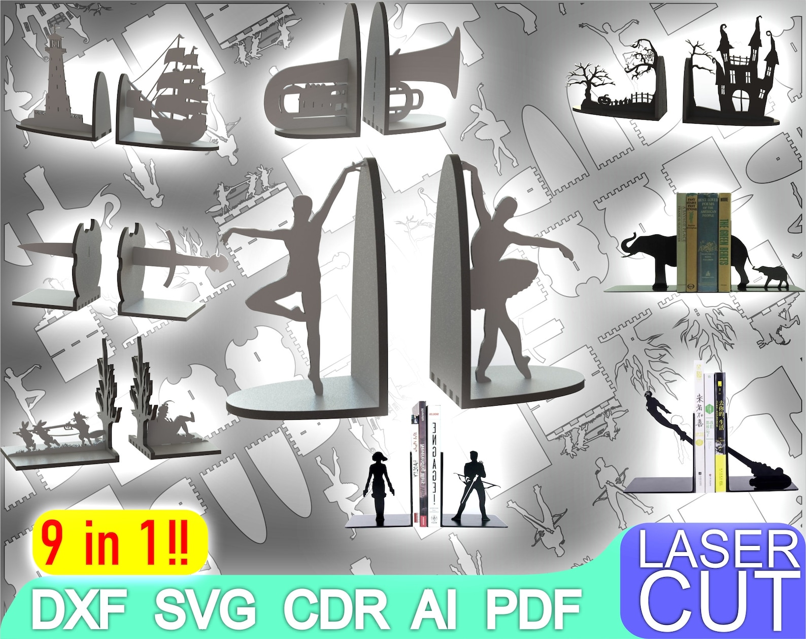 All 9 Bookend Laser Cut File CNC Router Digital Vector | Etsy