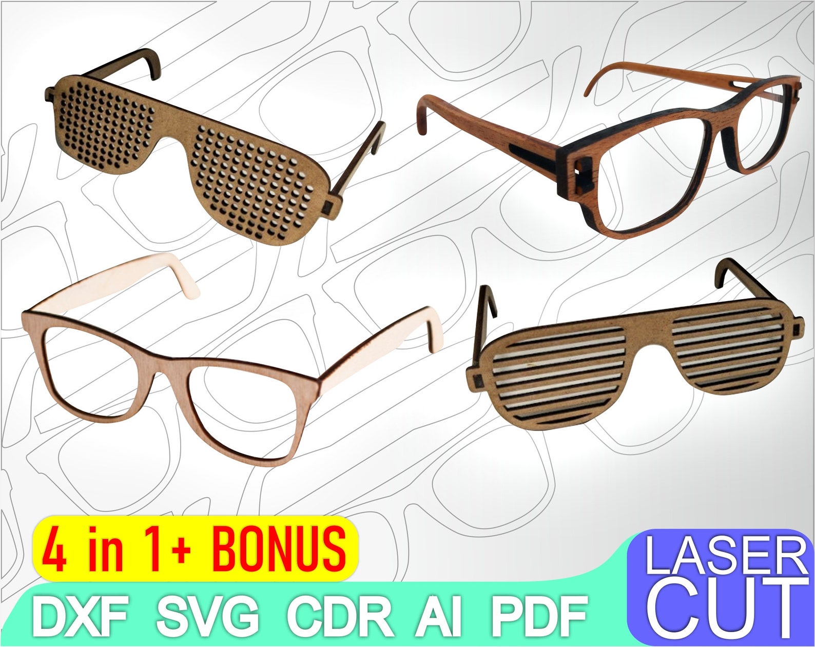 4 Glasses SVG. Vector Dxf, Cdr,svg for CNC, Vector File, Digital Vector ...