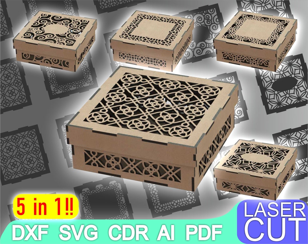 5 Laser Cut Box. Laser Cut Files SVG DXF, CDR Vector Plans, Laser File ...