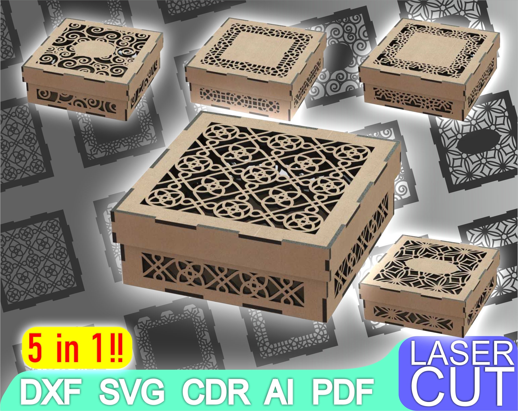 5 Laser Cut Box. Laser Cut Files SVG DXF CDR Vector Plans - Etsy