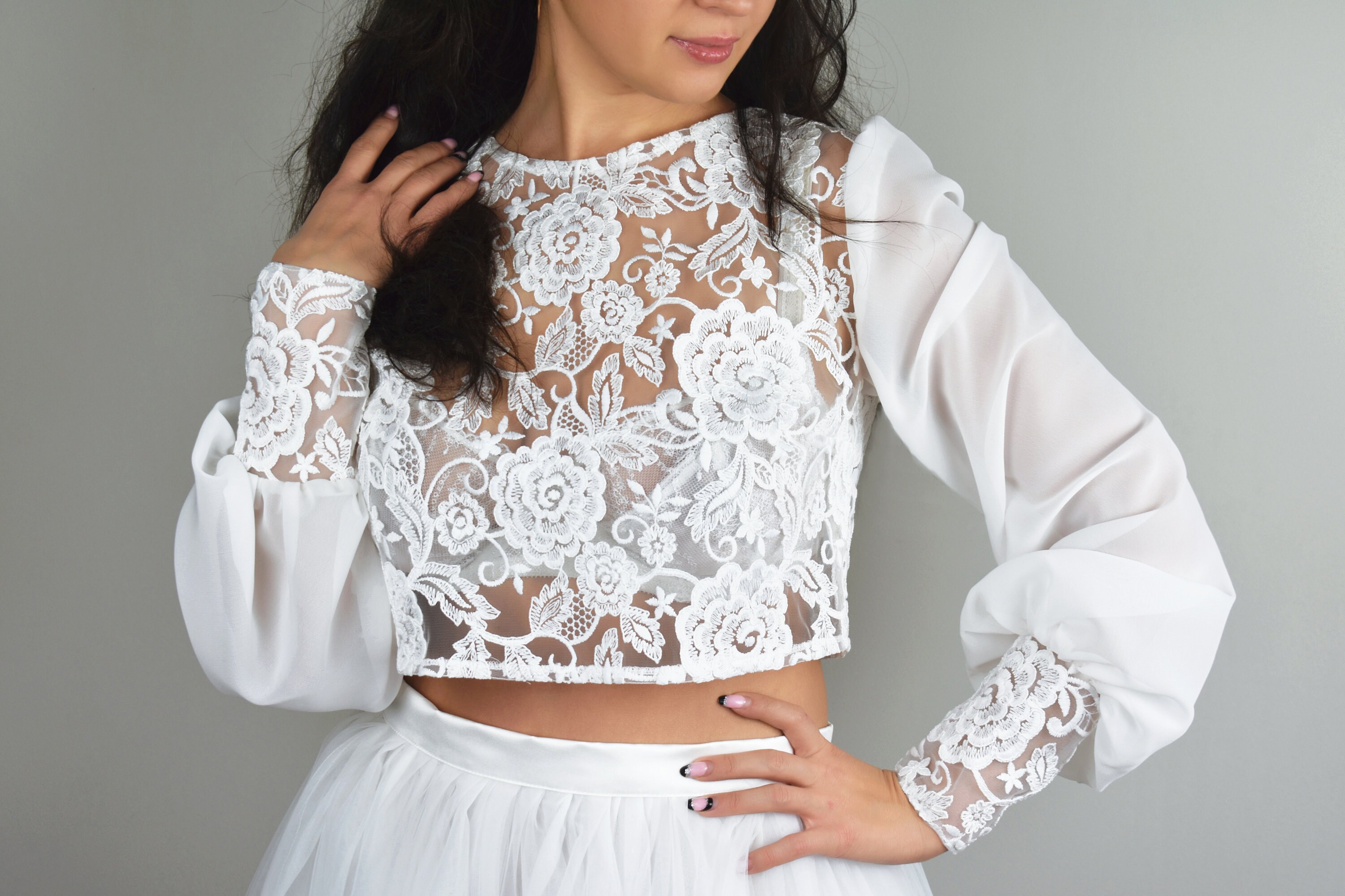 Top de la boda manga larga Top de encaje nupcial Top nupcial | Etsy