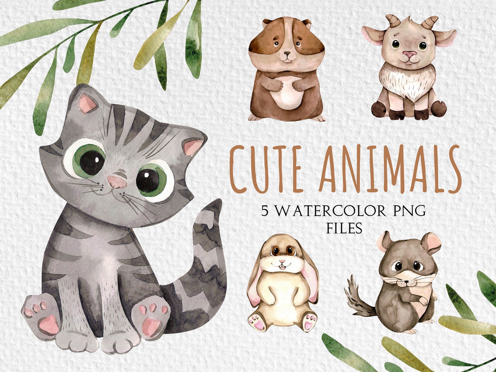 Cute Animals Watercolor Clipart. Animal Cartoon Cat Bunny | Etsy