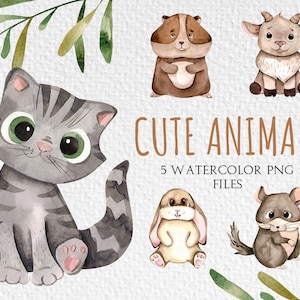 Cute Animals Watercolor Clipart. Animal Cartoon Cat Bunny - Etsy