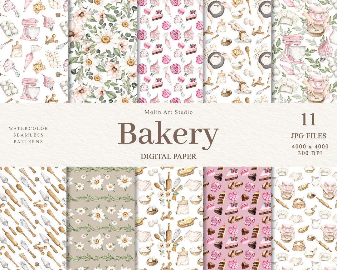 Watercolor Bakery Pattern, Digital Paper Pack, Scrapbook Papers, Baking ...