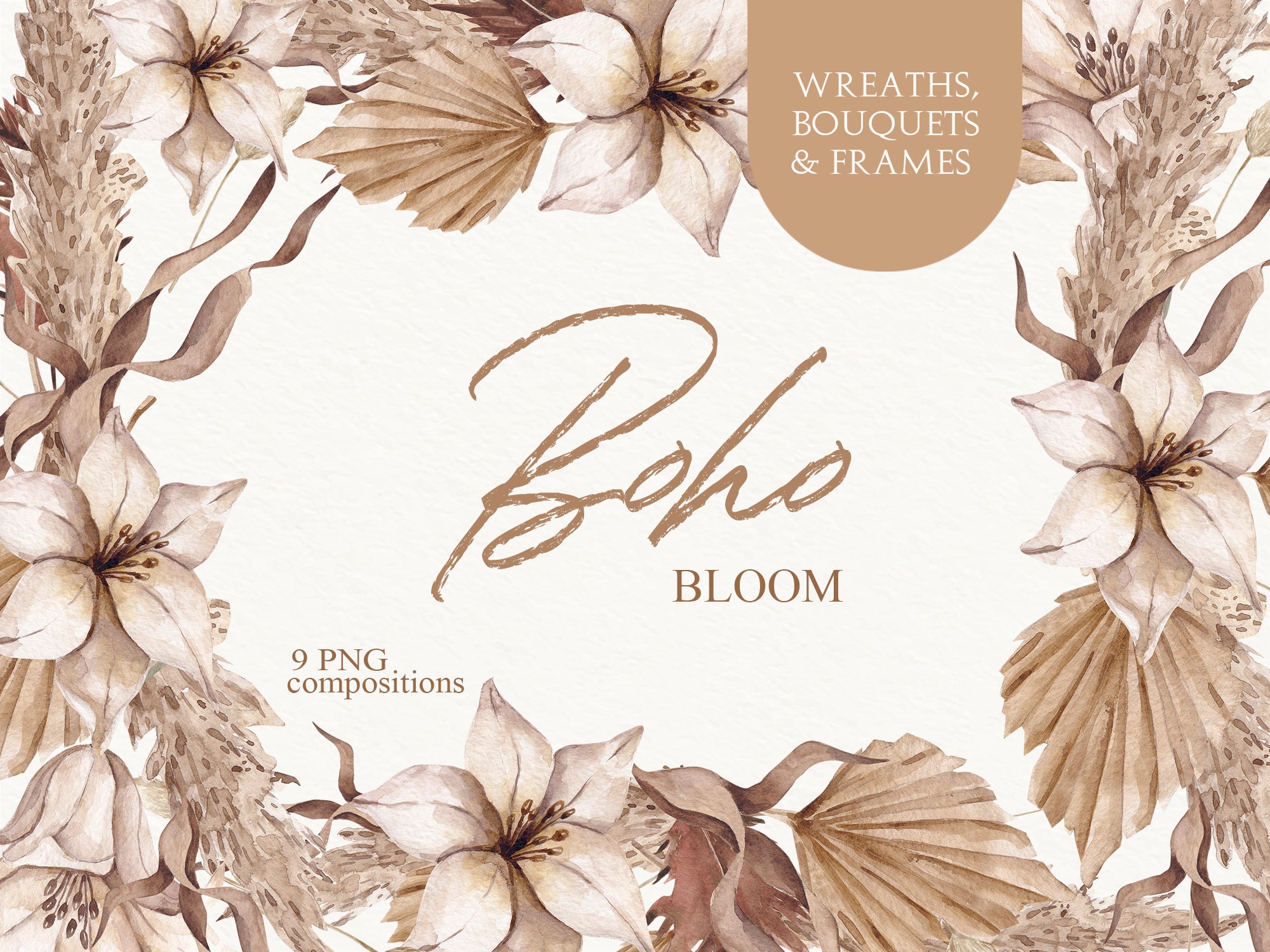 Boho Watercolor Floral Clipart: Wreaths, Frames, Bouquets (PNG Digital ...