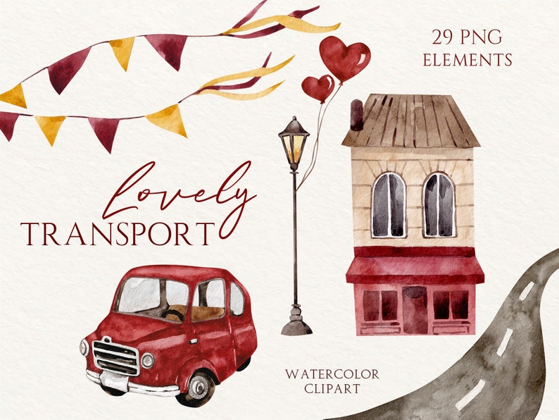 Watercolor Transport Clipart on the Road Clipart Watercolor - Etsy