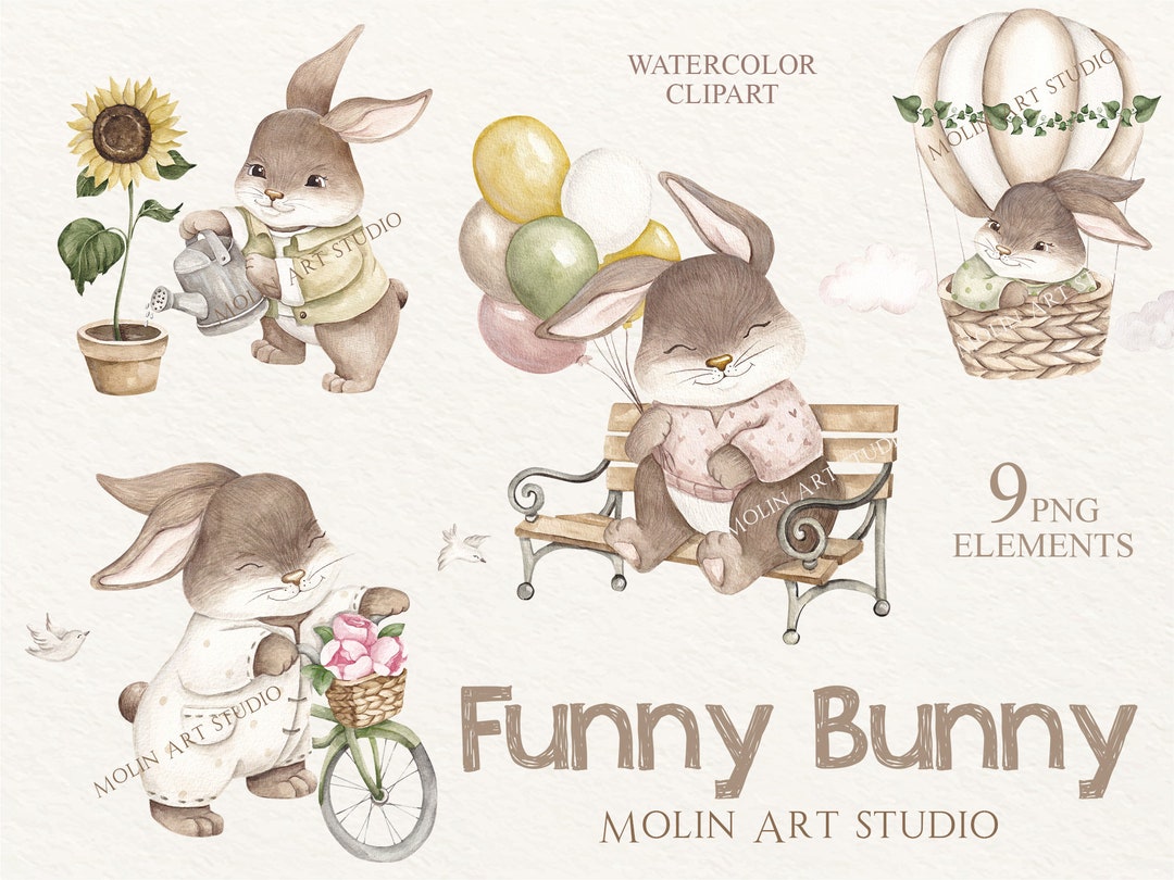 Cute Bunny Watercolor Clipart, Watercolor Rabbit, Bunny Drawing, Cute ...