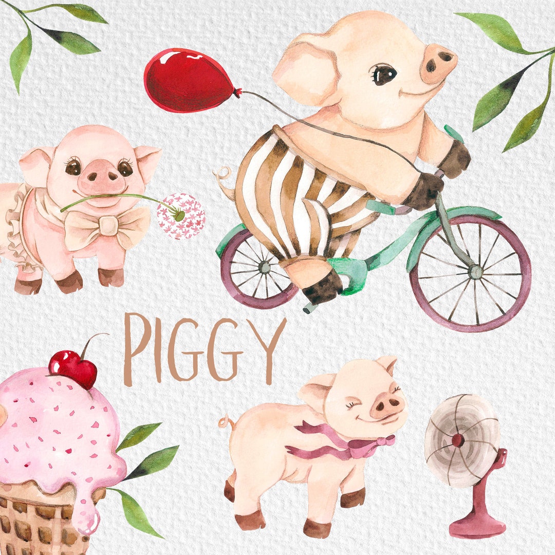 Watercolor Cute Pig Clipart Funny Pig Animal Cartoon Piggy - Etsy