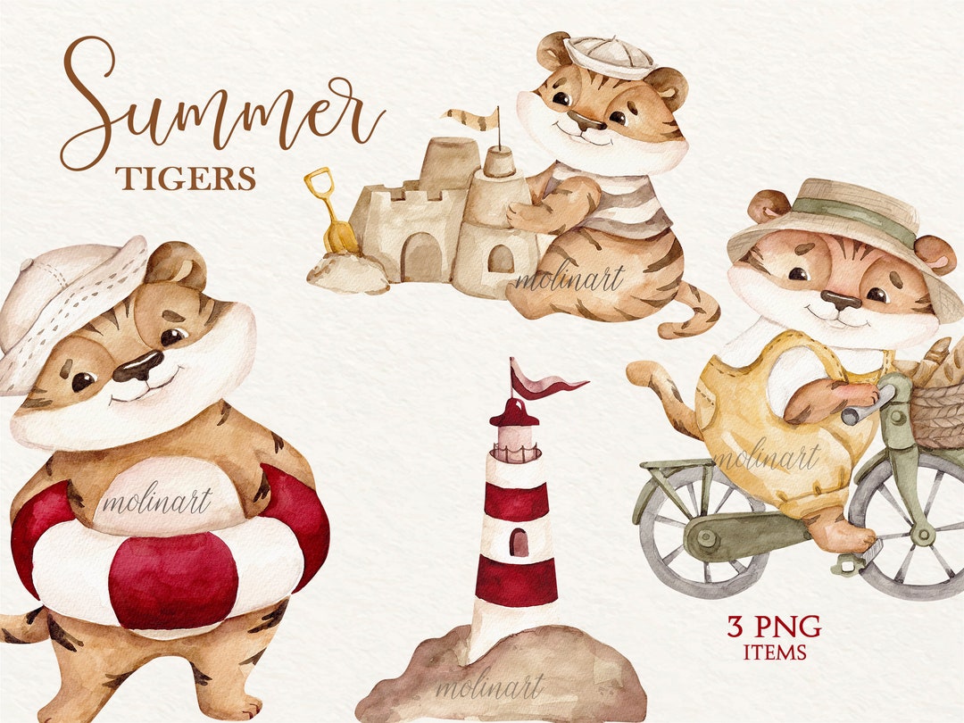 Summer Tiger Watercolor Clipart, Summer Clipart, Tigers Drawing, Cute ...