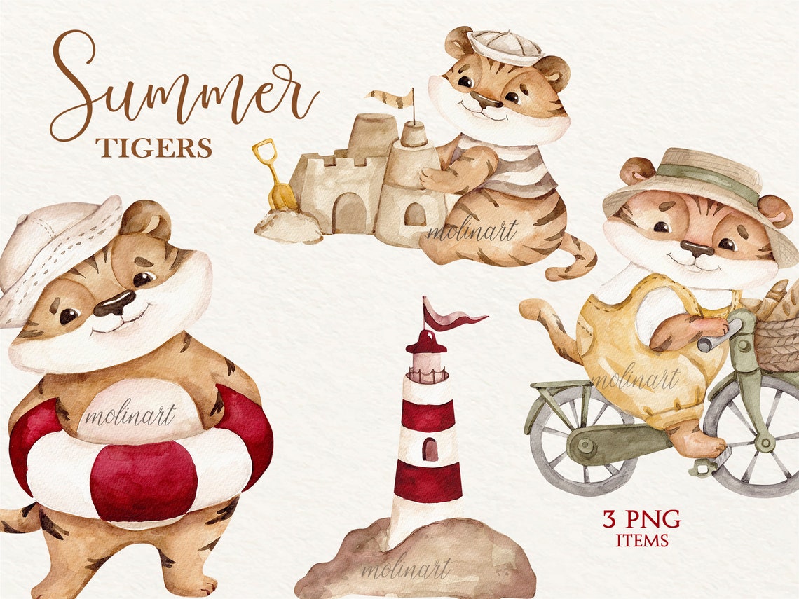 Summer Tiger Watercolor Clipart, Summer Clipart, Tigers Drawing, Cute ...
