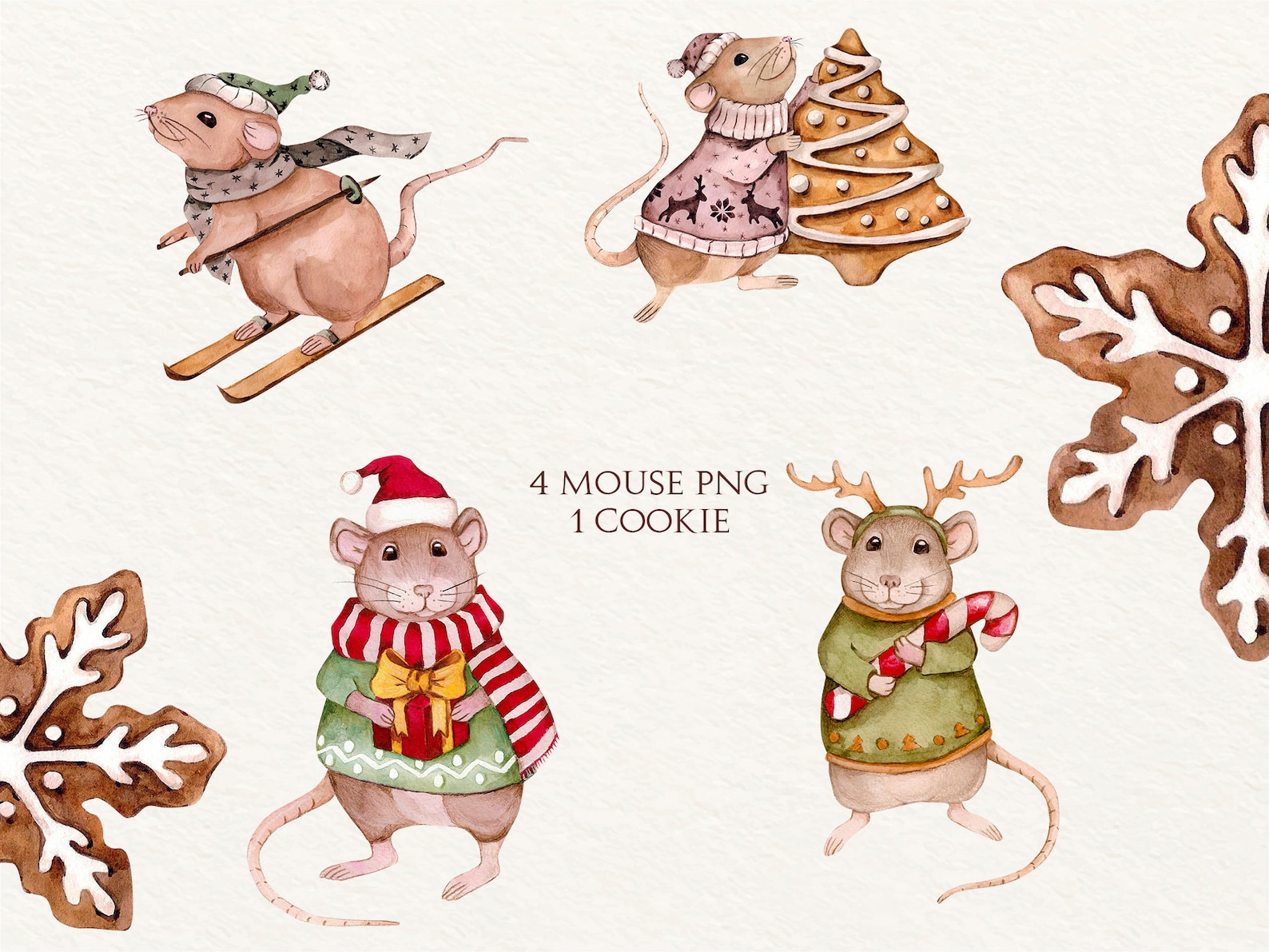 Watercolor Christmas Clipart Cute Mouse Christmas Animals | Etsy
