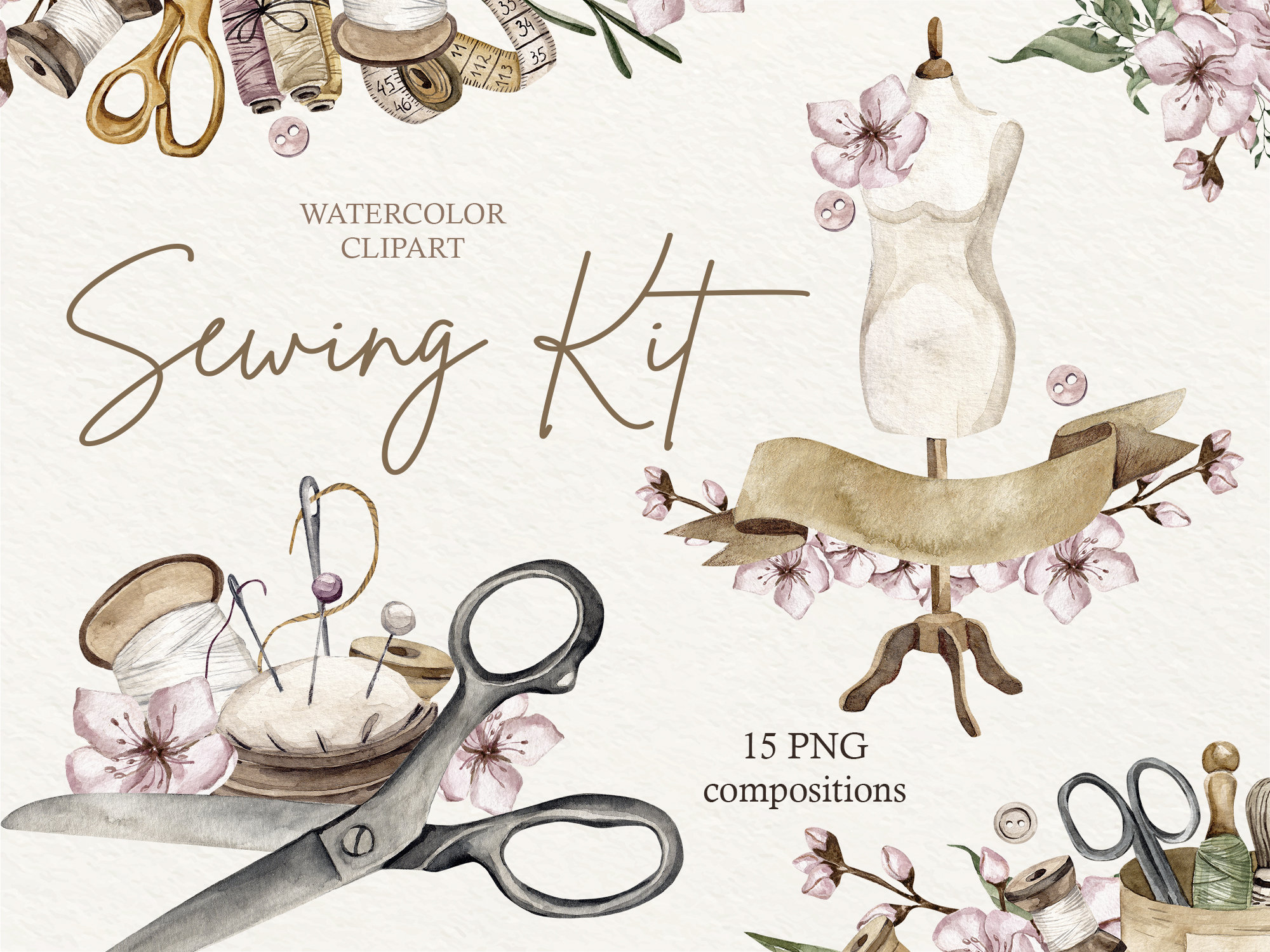 Watercolor Sewing Clipart Floral Sewing Clipart Vintage - Etsy