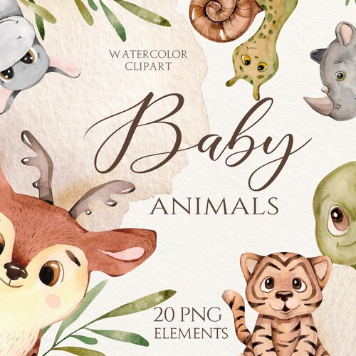 Cute Baby Animals Watercolor Clipart Deer Rhino Flamingo | Etsy