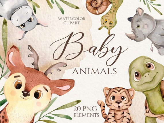 Cute Baby Animals Watercolor Clipart Deer Rhino Flamingo | Etsy