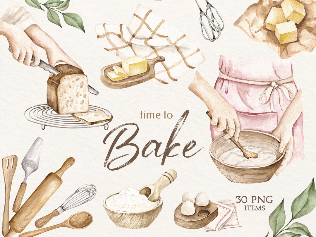 Watercolor Baking Clipart: Kitchen Utensils, Cooking Elements (30 PNG ...