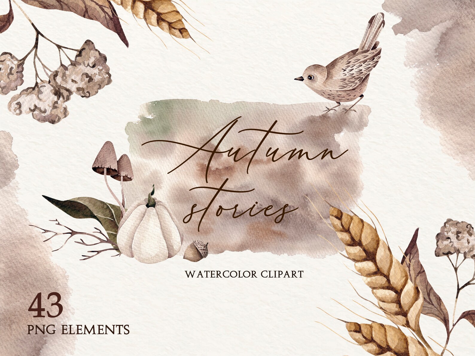 Autumn Watercolor Clipart: Fall Leaves, Bunny, Birds (PNG Files) - Etsy