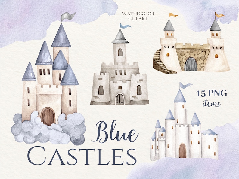 Watercolor Blue Castle Clipart: Fairytale Nursery Art (PNG) - Etsy