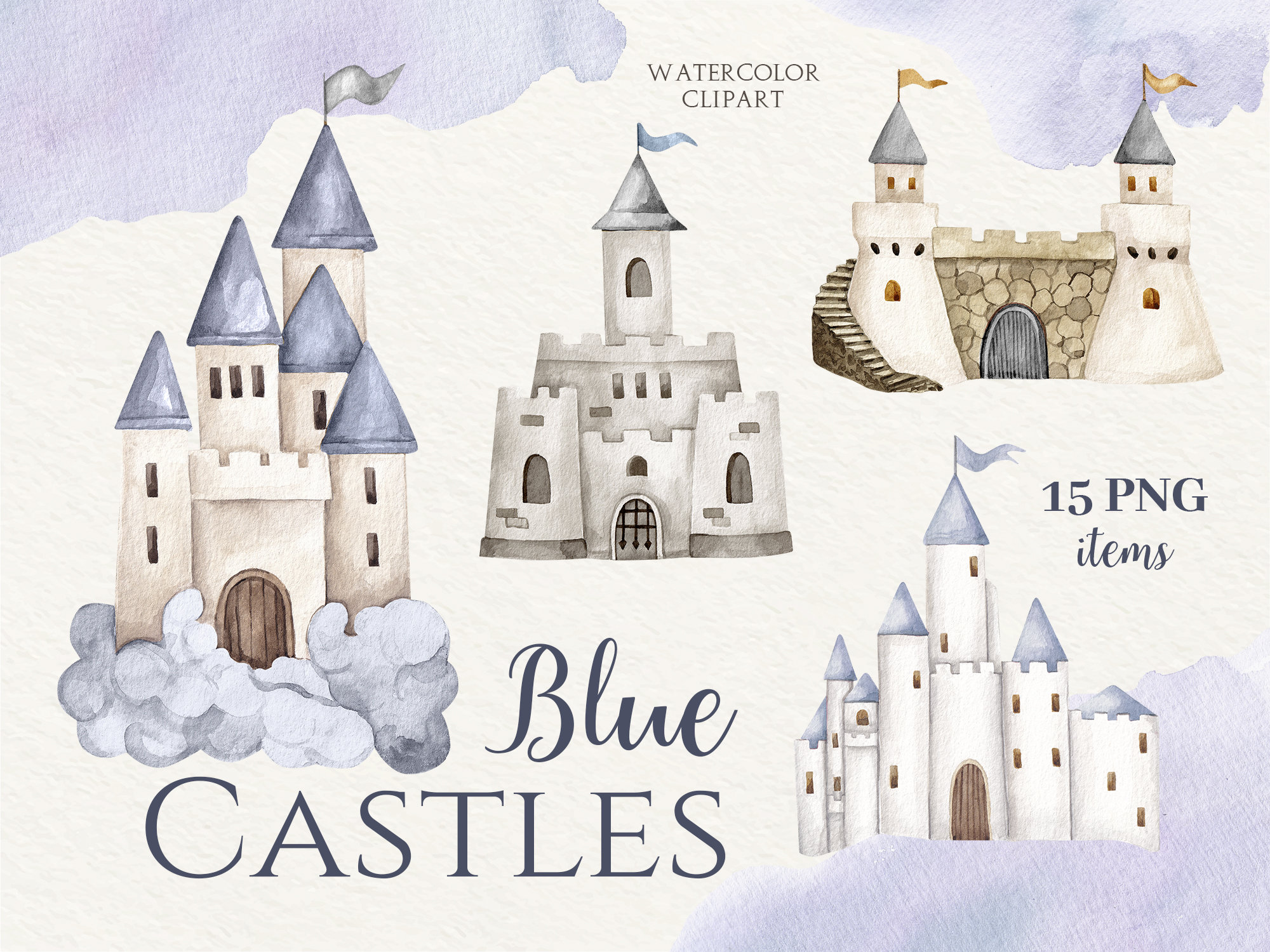 Watercolor Blue Castle Clipart Fairytale Castle Clipart | Etsy