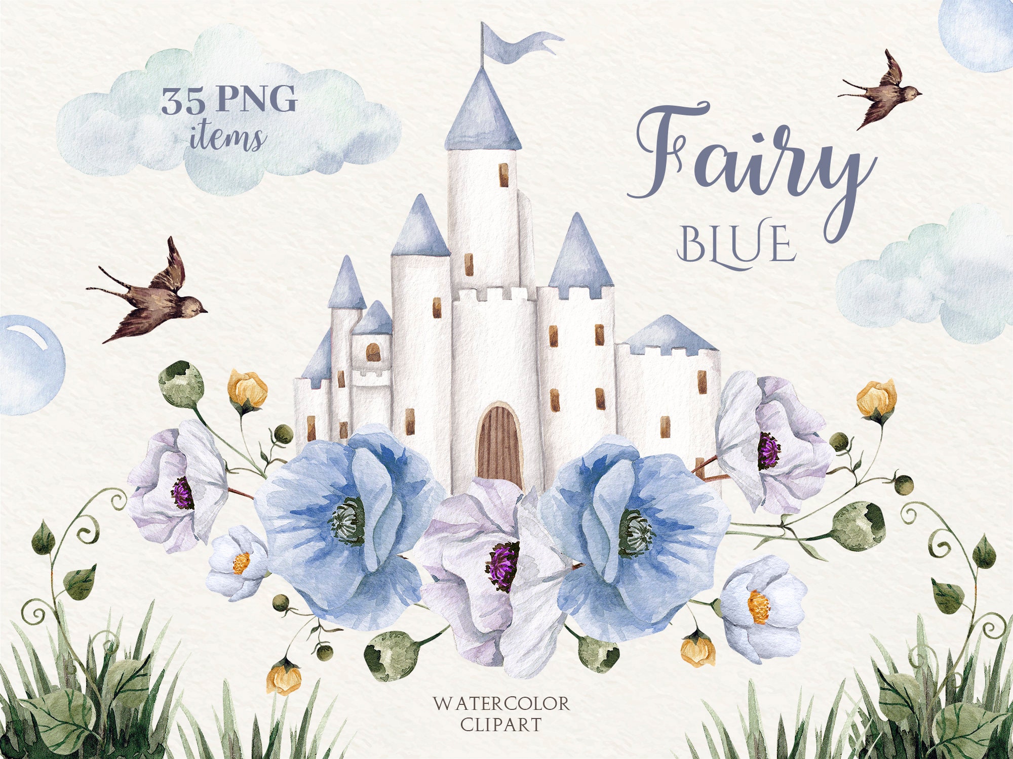 Watercolor Fairy Tale Clipart Blue Fairytale Castle Clipart - Etsy