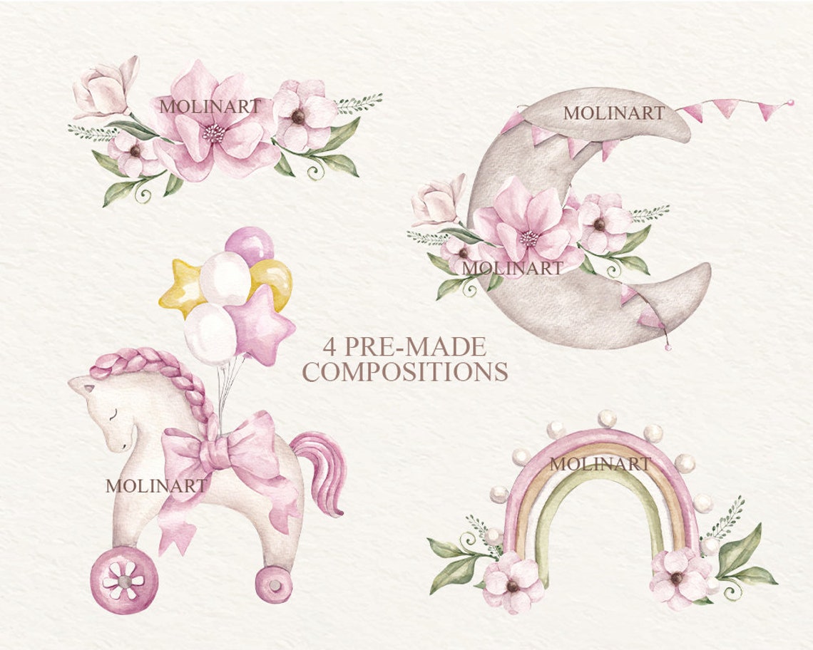 Watercolor Baby Toys Clipart: Rocking Horse, Boho Nursery (PNG) - Etsy